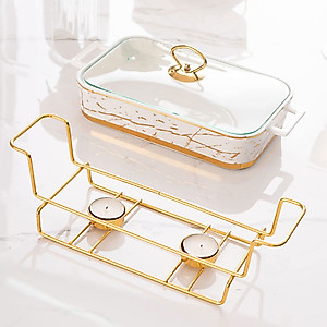 Ceramics Chafing Dish Buffet Set,Marble Finish Chafers and Buffet Warmers Sets,Food Warmer with Gold Accents,Rectangular Chafers Server with Glass Lid for Buffet Home Banquets Restaurant