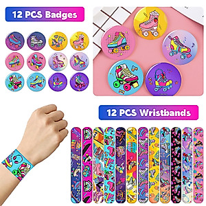Roller Skate Party Favors 98PCS Slap Bracelets, Stickers, Key Chains, Pin Badges and Temporary Tattoos for Kids Boys Girls Throwback 80s 90s Roller Skating Hip Hop Birthday Party Supplies Decorations