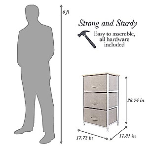 Simplify 3 Tier Vertical Storage Chest | Dresser | Nightstand | Fabric Drawers | Sturdy Steel Frame | Organizer | Bedroom | Closet | Easy to Assemble | Beige