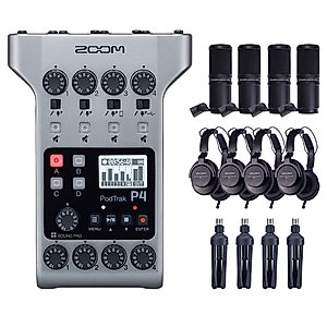 Zoom PodTrak P4 Portable Multitrack Podcast Recorder Bundle with 4X Zoom ZDM-1 Podcast Pack