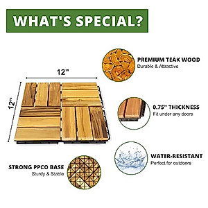 BEEFURNI Teak Interlocking Deck Tiles (10PCS 12"x 12"), Hardwood Outdoor All Weather, Wood Tile for Balcony, Backyard, Hot Tub Decor, 1-Year Warranty