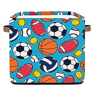 Cube Storage Organizer Bins 13x13 Sport Ball Blue Fabric Storage Cubes Bin Foldable Baskets Square Box with Dual Plastic Handles for Shelf Nursery Cabinet Clothes Toys