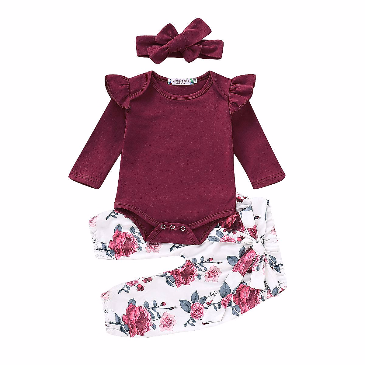 FOCUSNORM 3PCS Infant Toddler Baby Girl Clothes Ruffle Romper Bodysuit Floral Halen Pants Headband Outfits (Wine red, 6-12 Months)