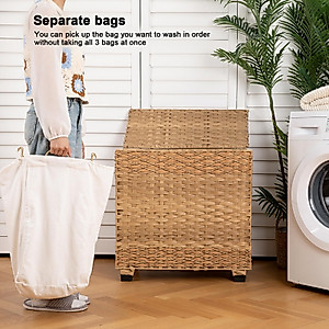 OIAHOMY Laundry Hamper with Lid, 140L Synthetic Rattan Clothes Hamper with Handles, Handwoven Large Laundry Basket with 3 Removable Liner Bags, Foldable, Laundry Room, Bedroom, 27*13*26 Inches, Yellow