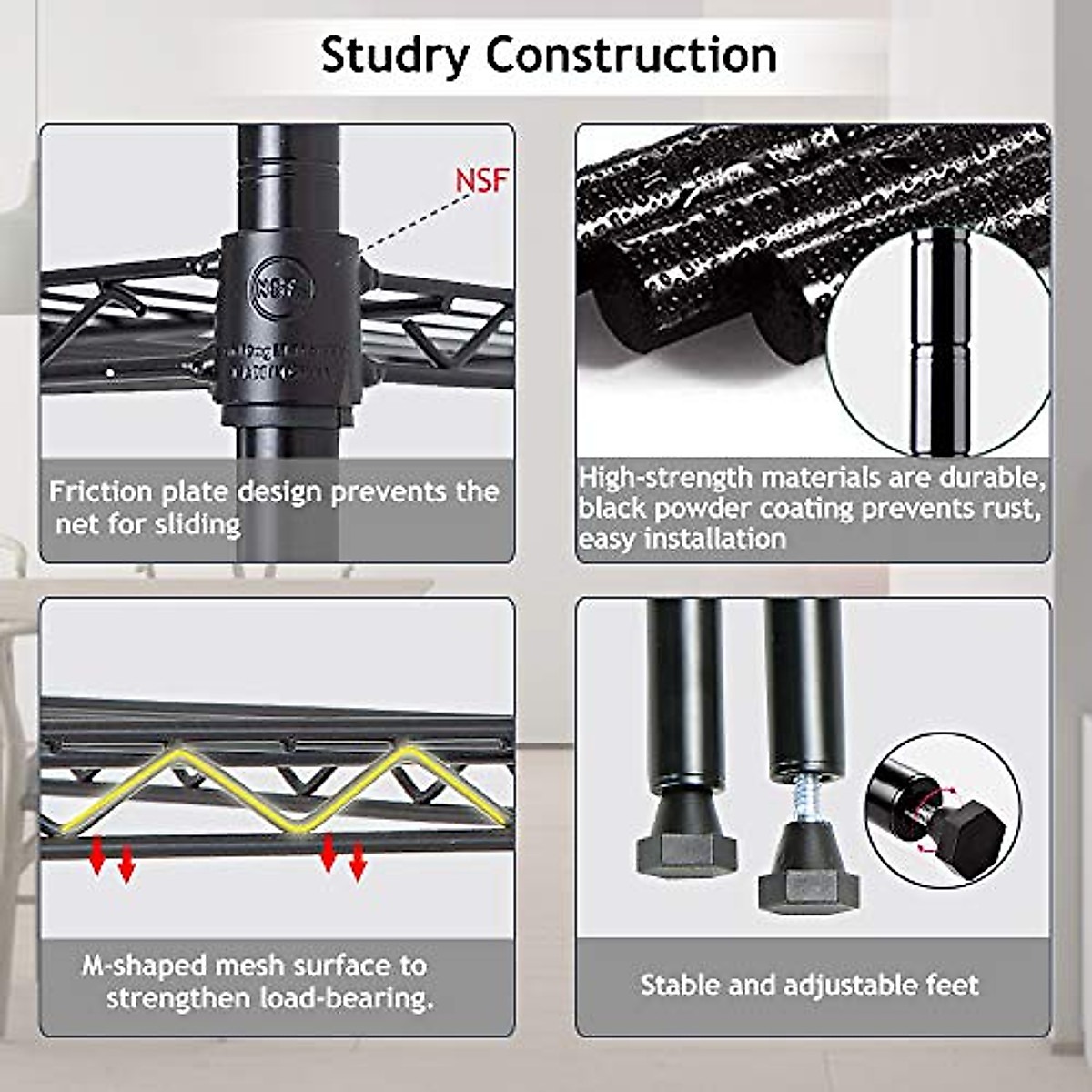 Metal Shelves for Kitchen Storage 4 Tier Shelf Wire Shelving Unit Black Wire Shelf Organizer Multifunctional Adjustable Durable Space Saving Wire Rack Storage Shelves for Home and Commercial Storage