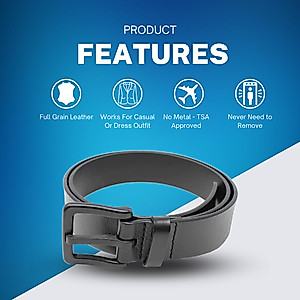 BC Belts Metal Free Full Grain Leather Belt - Hypoallergenic No Nickel and TSA Approved (Black-XL)