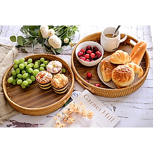 Round Rattan Decorative Tray with Natural Wood - Vanity Trays - Fruit Baskets - Small Serving Tray (13 inch)