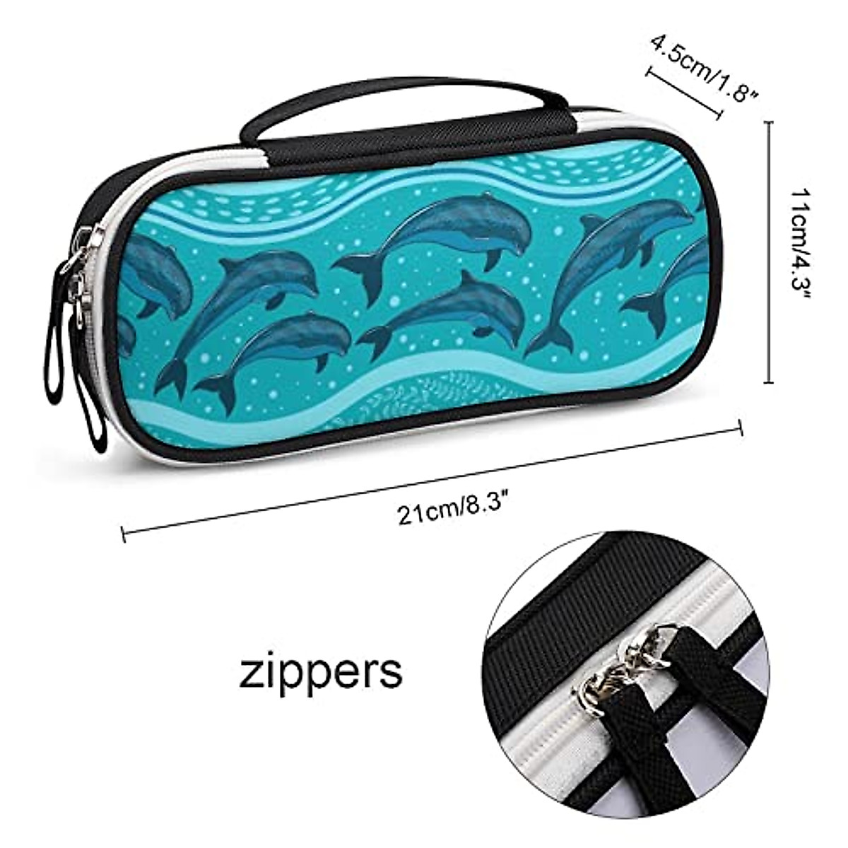 Dolphins in The Sea PU Leather Pencil Pen Case Organizer Travel Makeup Handbag Portable Stationery Bag