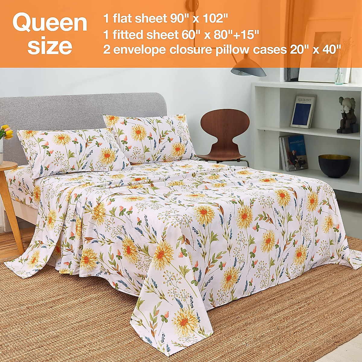 JSD Yellow Floral Printed Sheet Set Queen Size, 4 Piece Soft Botanical Spring Microfiber Bed Sheets Deep Pocket