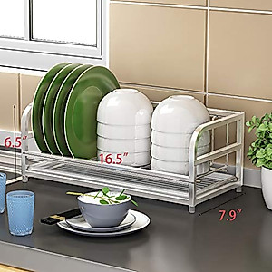 Dish Drying Rack, 304 Stainless Steel Dish Dryer Rack with Removable Drainer Tray Stand On Counter Top Sturdy, Durable and, 16.5" L x 7.9" W x 6.5" H Silver