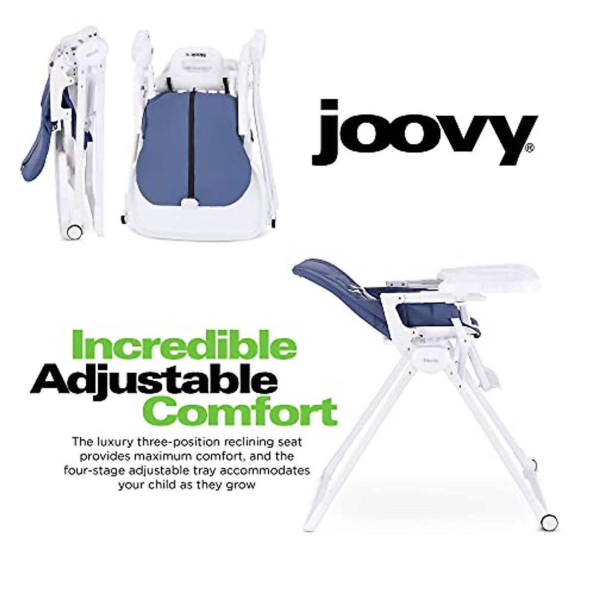Joovy Nook NB High Chair Featuring Four-Position Adjustable Swing Open Tray, 3-Position Reclining Seat, and Front Wheels for Added Mobility - Folds Down Flat for Easy Storage, Slate