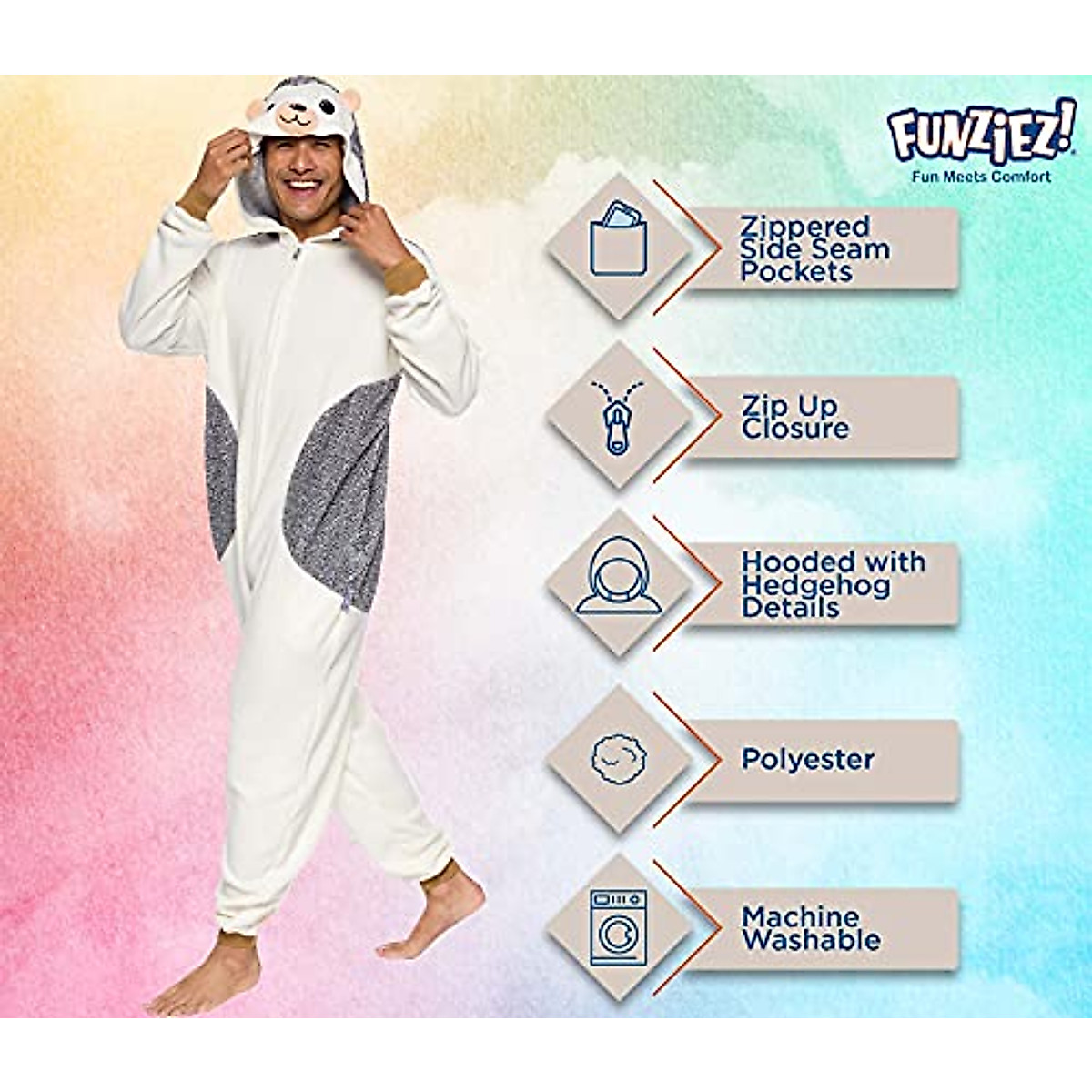 Funziez! Hedgehog Adult Onesie - Animal Halloween Costume - Plush Dalmatian One Piece Cosplay Suit for Adults, Women and Men