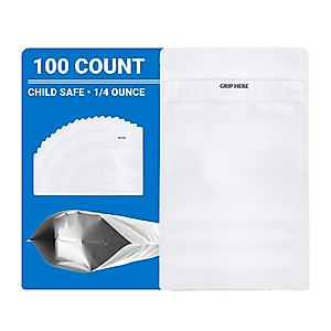 Loud Lock Mylar Bags Child Resistant Grip N Pull 1/4 Ounce All White - 100 Count 6.7" x 4" 6mill Thickness - Mylar Bags For Food Storage - Resealable Bags - Smell Proof Bags
