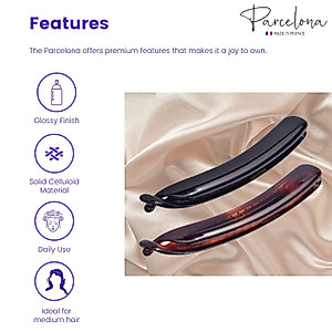 Parcelona French Small 3 ¾” Celluloid Set of 2 French Banana Hair Clip Flexible Ponytail Holder Fashion Durable Styling Paris Hair Accessories for Women, Made in France (Tortoise Shell-Black)