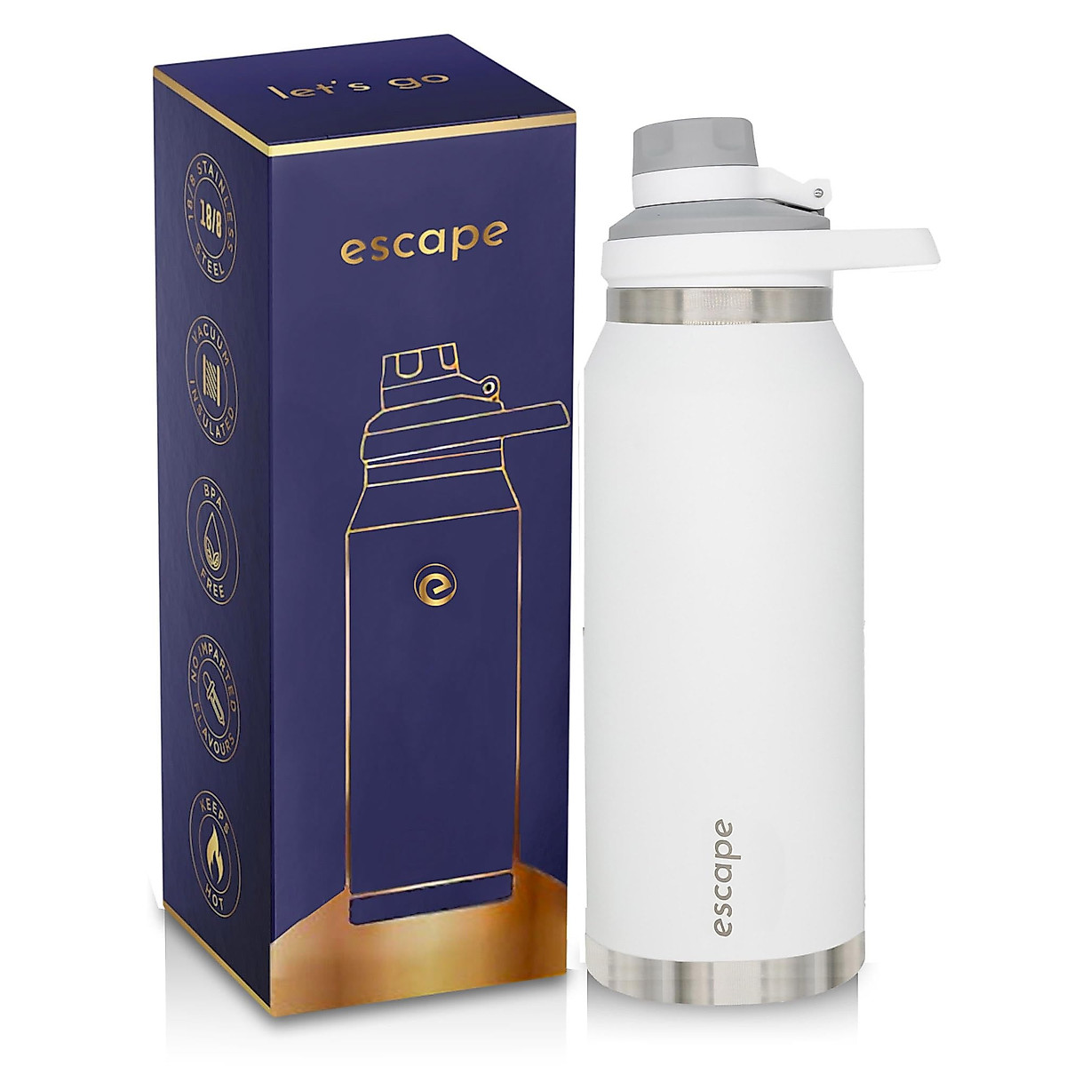 Escape 1 Liter Water Bottle Ideal for Gym Dishwasher Safe 34 oz Insulated Stainless Steel that Keeps Hot & Cold Wide Mouth WHITE