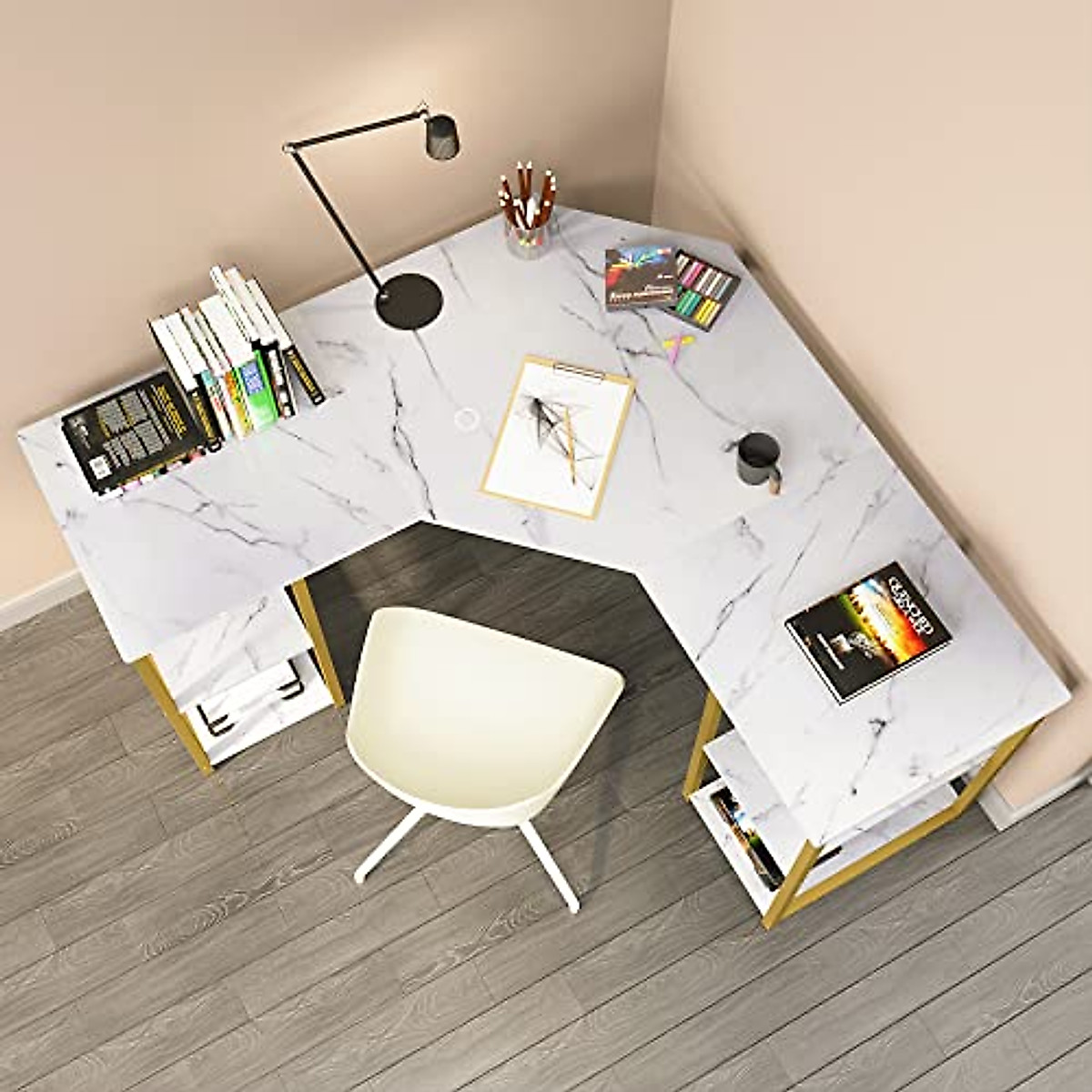 Elephance Large L-Shaped Computer Desk with Shelves, Corner Desk, Home Office Writing Workstation, Gaming Desk PC Latop Table with Storage