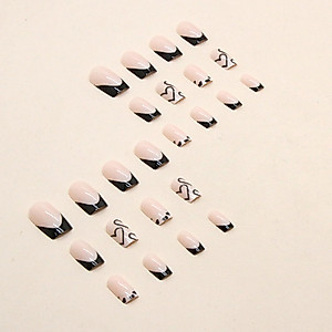 Black French Tip Press on Nails Medium Square Fake Nails Nude Pink Acrylic Full Cover Glossy Glue on Nails with Heart Designs French Tip Nails Short Stick on Nails Artificial Nails for Women Girls