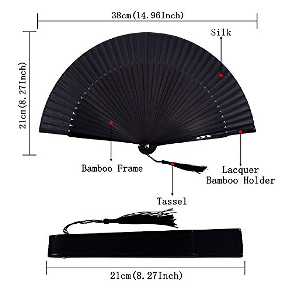 Amajiji 8.27"(21cm) Hand Held Bamboo Silk Folding Fan Hand Fan,Chinese/Japanese Charming Elegant Vintage Retro Style,Women Ladys Girls Best Gifts (Black)