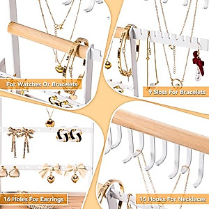 Jewelry Organizer Stand with Velvet Ring Holder, 4 Tier Jewelry Holder Organizer with 15 Hooks Necklace Organizer and Watch Bracket Holder, Jewelry Stand with 16 Holes for Earring Holder, White
