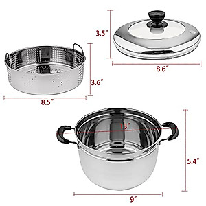 2 Tier Stainless Steel Steamer Pot Cookware Pot & Pan/Saucepan Cooking Set with Insert Basket, Great Steamer For Cooking Food, Tempered Glass Lid, Dishwasher Safe By Lake Tian (22cm/8.7in), 6qt