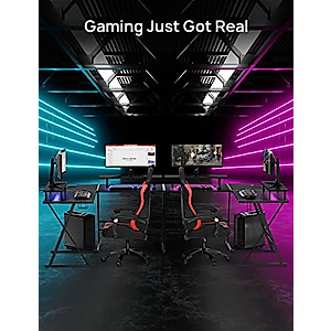 Evajoy Gaming Desk, L Shaped Computer Corner Desk, 53" Ergonomic Gaming Table with Monitor Stands, PC Desk with LED Strips and Power Outlets, Carbon Fiber Surface with Cup Holder, Headphone Hook