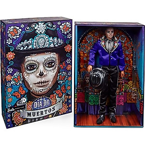Barbie Signature Ken Fashion Doll, 2023 Dia de Muertos Collectible with Blue Jacket, Black Hat & Doll Stand