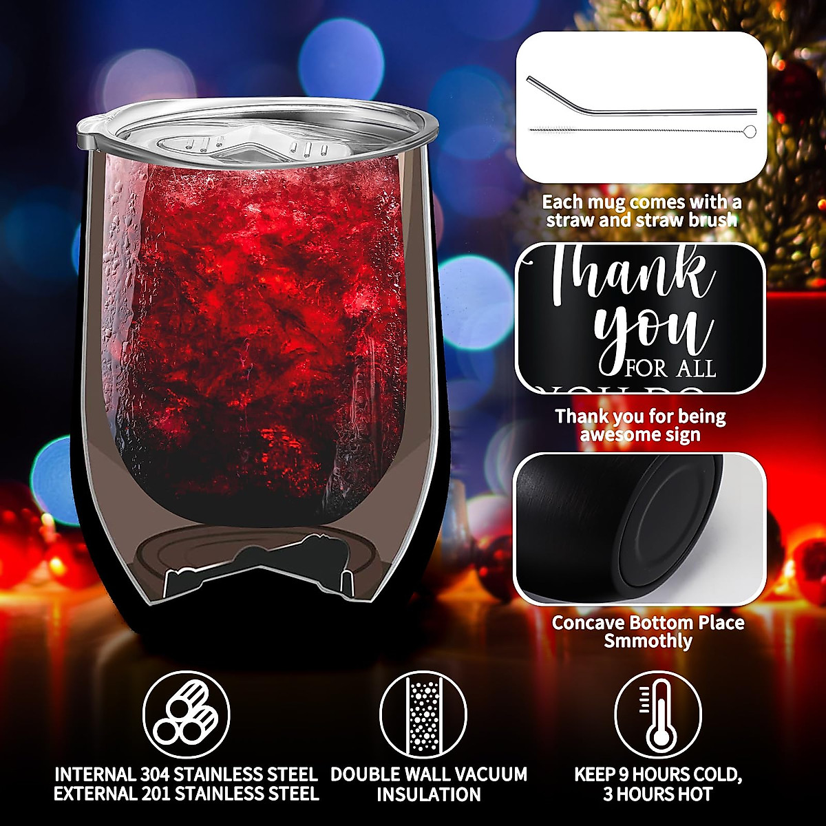 Inbagi Employee Appreciation Gifts 12 oz Stainless Steel Insulated Wine Tumbler Teacher Nurse Coworker Mug with Lids Inspirational Women Male Gifts Father's Day Gift Grad Gift(Black, 10 Pcs)