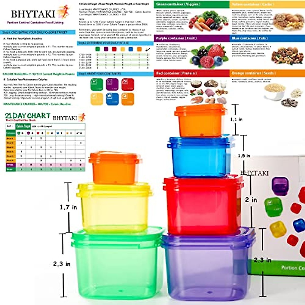 BHYTAKI Portion Control Containers, Double Set (14 Pieces) 21 Day Fix Container and Food Plan, 21 Day Food Portion Containers for Weight Loss with Tally Chart and Food Plan