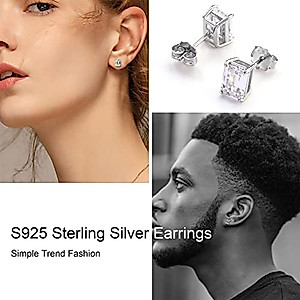 Stud Earrings for Women, S925 Sterling Silver 14K White Gold Plated Hypoallergenic Stud Earrings Emerald Cut Cubic Zirconia Sterling Silver Stud Earrings for Women Men