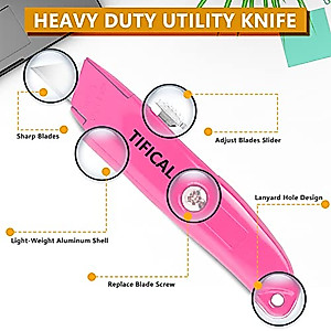 TIFICAL Box Cutter Retractable, Premium Utility Knife with Extra 10 Blades, Auto-Lock Razor Knife for Cartons, Cardboard, Boxes, Aluminum Shell Box Opener Box Cutter Knife for Home, Office, Pink
