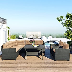 Quarte 6-Piece Outdoor Patio Furniture Sets, All-Weather Rattan Sectional Sofa with Thick Cushions/Pillows/Plywood Table Top, PE Wicker Dinning Set for Garden, Yard, Deck (Beige+6#)