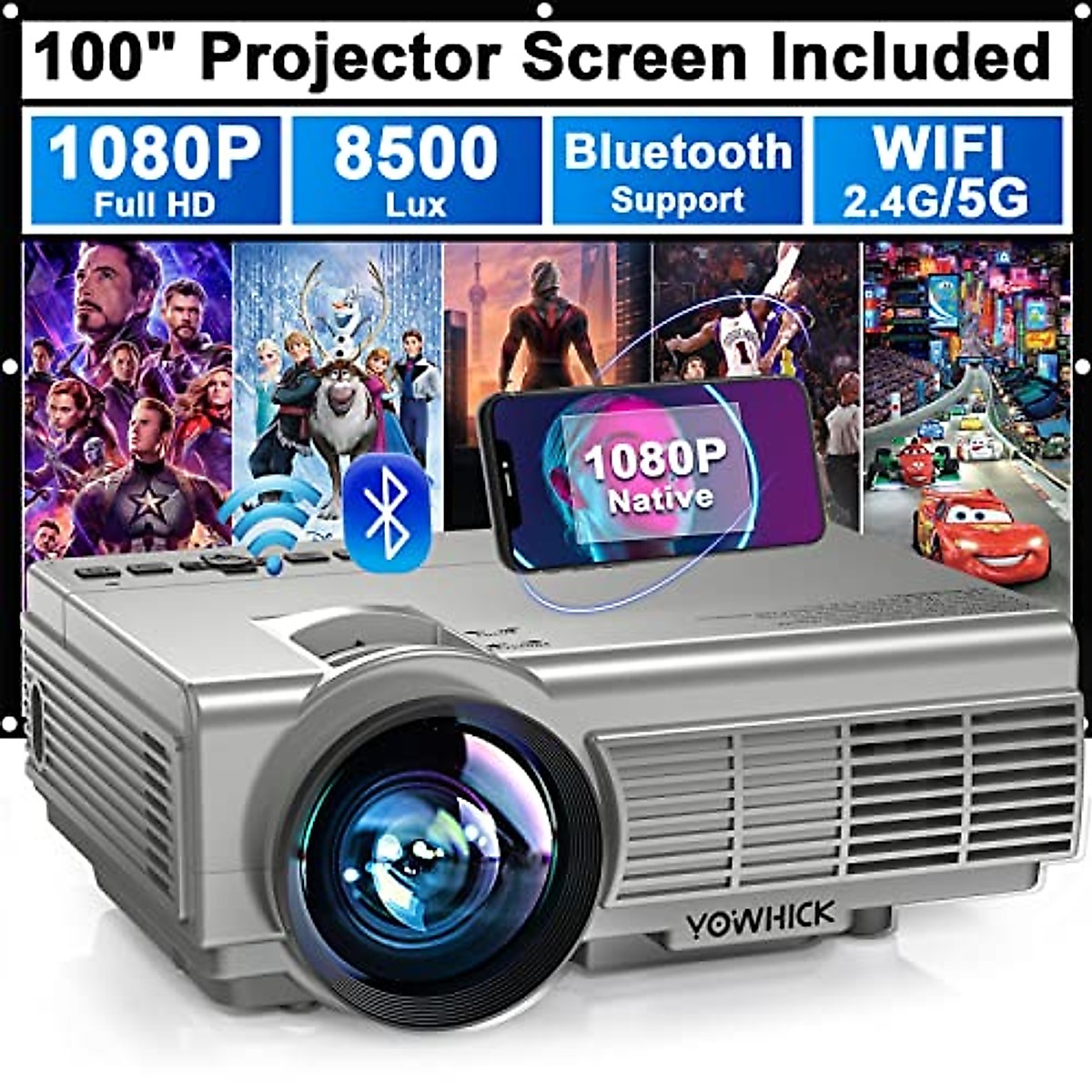 Projector with WiFi and Bluetooth, 5G WiFi Native 1080P 9500L YOWHICK Outdoor Projector 4K Support, Mini Portable Movie Projector with Screen, for HDMI, VGA, USB, Laptop, iOS & Android Phone