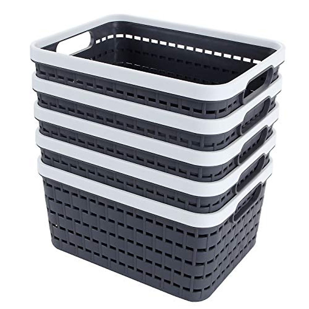 5Pack Plastic Storage Basket Dark Gray, Desktop Weave Baskets with Handle, Portable Bathroom Open Storage Bin, Small Plastic Containers Shelf Brackets for Shelves Countertop Kitchen Cabinet Office