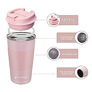 AQUAPHILE Reusable Coffee Cup, Coffee Travel Mug with Leak-proof Lid, Thermal Mug Double Walled Insulated Cup, Stainless Steel Portable Cup with Rubber Grip, for Hot and Cold Drinks(New-Pink, 12 Oz)