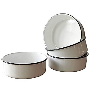 TableCraft Products Enamelware Collection Black Rim Solid White Enamel Deep Bowl Baking Pan, Camping, Farmhouse, Porcelain Over Steel, Vintage, Boho, Retro, 10.13" Round, 3.6" Deep, Set of 4 (80017)