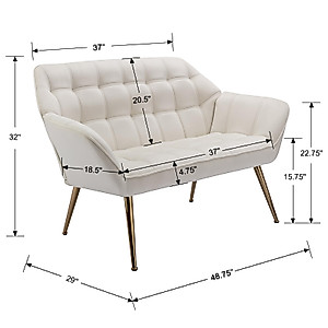 QUINJAY 48" Small Loveseat for Small Spaces, Modern Sherpa Mini Sofa Couch 2-Seater Velvet Love Seat with Quilting Back and Gold Legs for Living Room/Bedroom, Cream