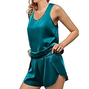 SWOMOG Women's Satin Sleepwear Set Tank Pajama Silky Sleeveless Top and Shorts 2Pcs Nightwear