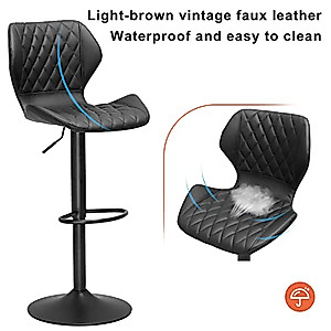 DICTAC Leather Bar Stools Set of 2 Black Adjustable Height Bar Chairs Pair Swivel Barstools Breakfast Bar Stools for Kitchen Island Counter Stool Capacity 400 lbs, Retro Black