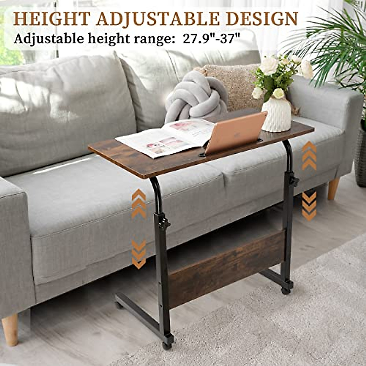 Hadulcet Mobile Side Table, Mobile Laptop Desk Cart, Mobile Computer Desk Stand Up Desk Office, Adjustable Over Bed Table with Wheels for Sofa, 31.5 x 15.7 in Rustic Brown
