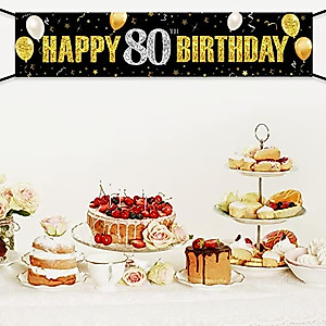 80th Birthday Banner Decorations for Men Women, Black Gold Happy 80 Birthday Yard Banner Sign Party Supplies, Eighty Year Old Birthday Party Decor for Indoor Outdoor
