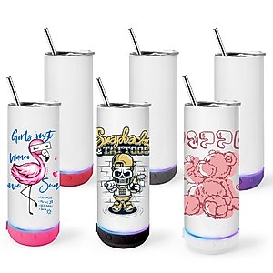 AGH 6 Pack Music Speaker Tumbler with Straw and Lid, 20oz Sublimation Skinny Stainless Steel Double Wall Tumbler, Speaker Tumbler Cup with Detachable LED Light, Suitable for DIY Gifts (Multicolor)