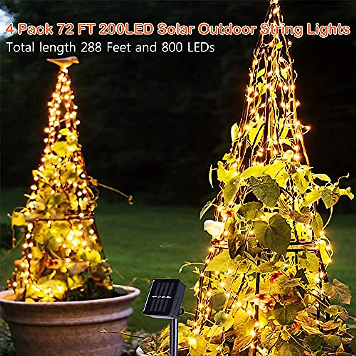 Extra-Long Solar String Lights Outdoor Waterproof - 4-Pack Each 72FT 200 LED Solar Powered Fairy Lights - 8 Modes Copper wire lights for Patio Trees Garden Party Christmas Wedding (Warm White)