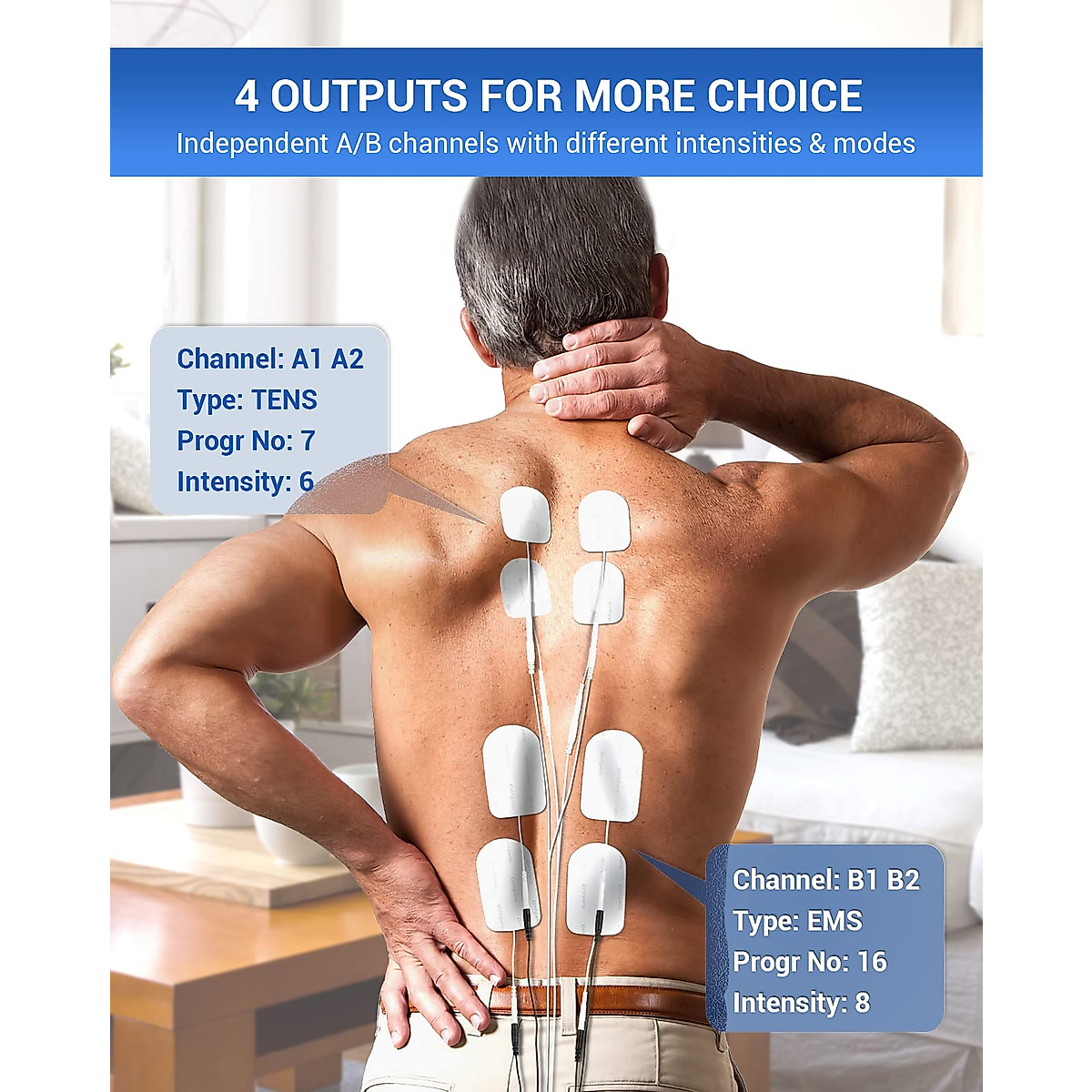 Comfytemp 4 Outputs TENS Unit Muscle Stimulator for Pain Relief, Unlimited Mode (24 Modes with DIY) EMS TENS Stim Machine Back Pain Relief Products for Neck, Sciatica, Shoulder, Shock Therapy, 10 Pads