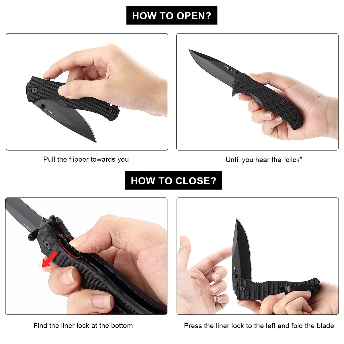 EMHTiii Pocket Knife Folding Knives: 3.14" Stainless Steel Black Blade, G10 Scales