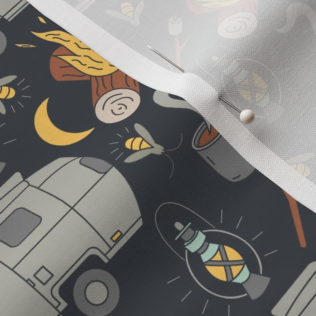 Spoonflower Fabric - Retro Camping Camper Campfire Fireflies Coffee Outdoors Printed on Petal Signature Cotton Fabric by The Yard - Sewing Quilting Apparel Crafts Decor