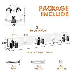 LIGHT DUST Broom Mop Holder Rack - 2 Pack Broom Organizers - Wall Mount Over the Door Mop Hangers with Hooks Slots Combination - Hanging Grip for Household Supplies Storage Organization (White)