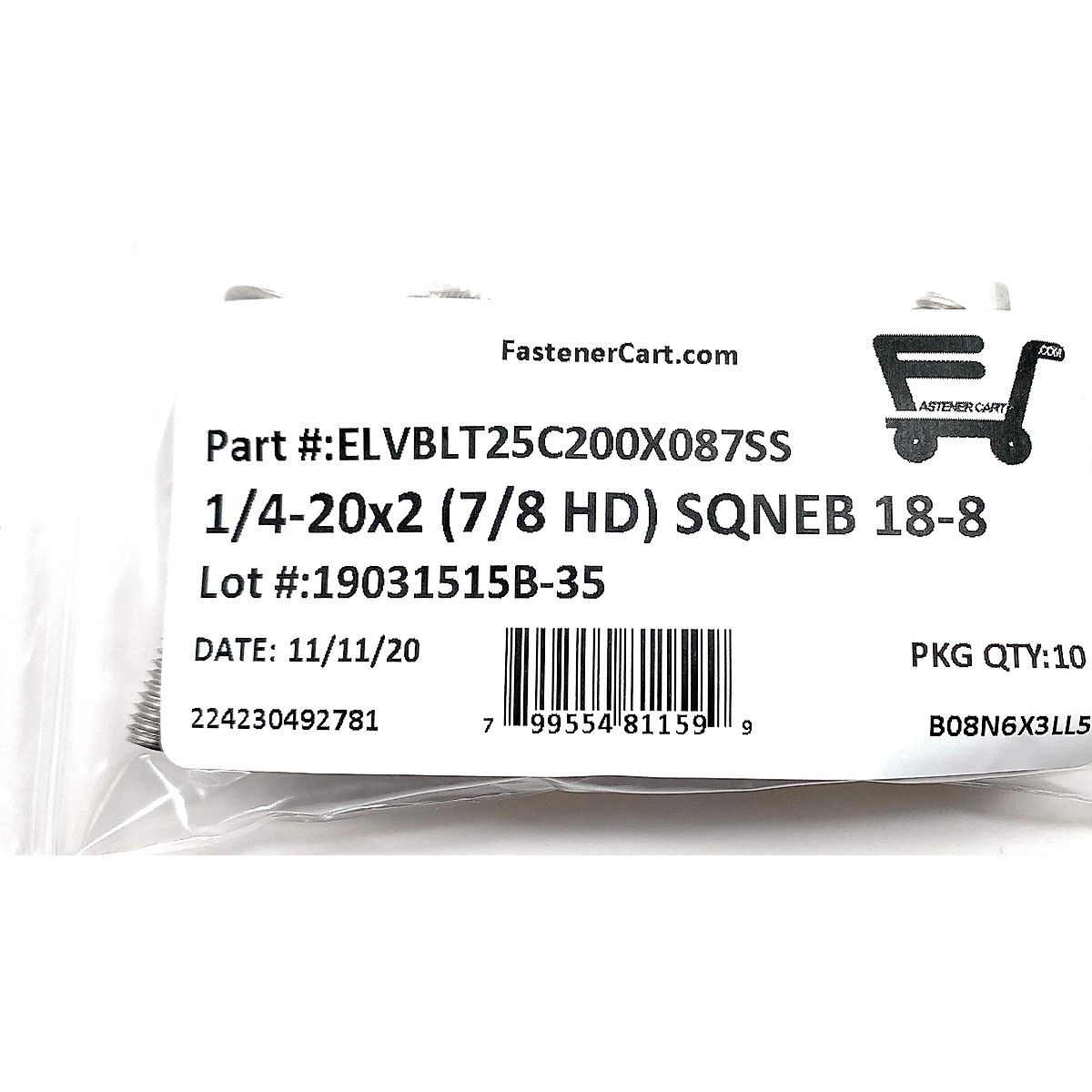 (10) 1/4-20x2 Stainless Steel Elevator Bolt Square Neck (7/8 Diameter Head) 18-8