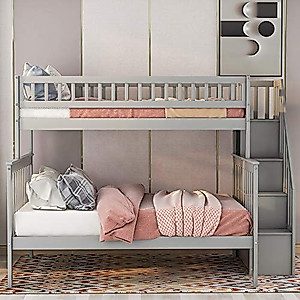 Merax Twin Over Full Bunk Bed with Stairs, Wood Bed Frame with Storage Space and Guard Rail for Bedroom, Dorm, for Teens, Adults, Grey