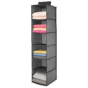 mDesign Long Soft Fabric Over Closet Rod Hanging Storage Organizer with 6 Shelves for Clothes, Leggings, Lingerie, T Shirts - Textured Print with Solid Trim - 2 Pack - Charcoal Gray/Black
