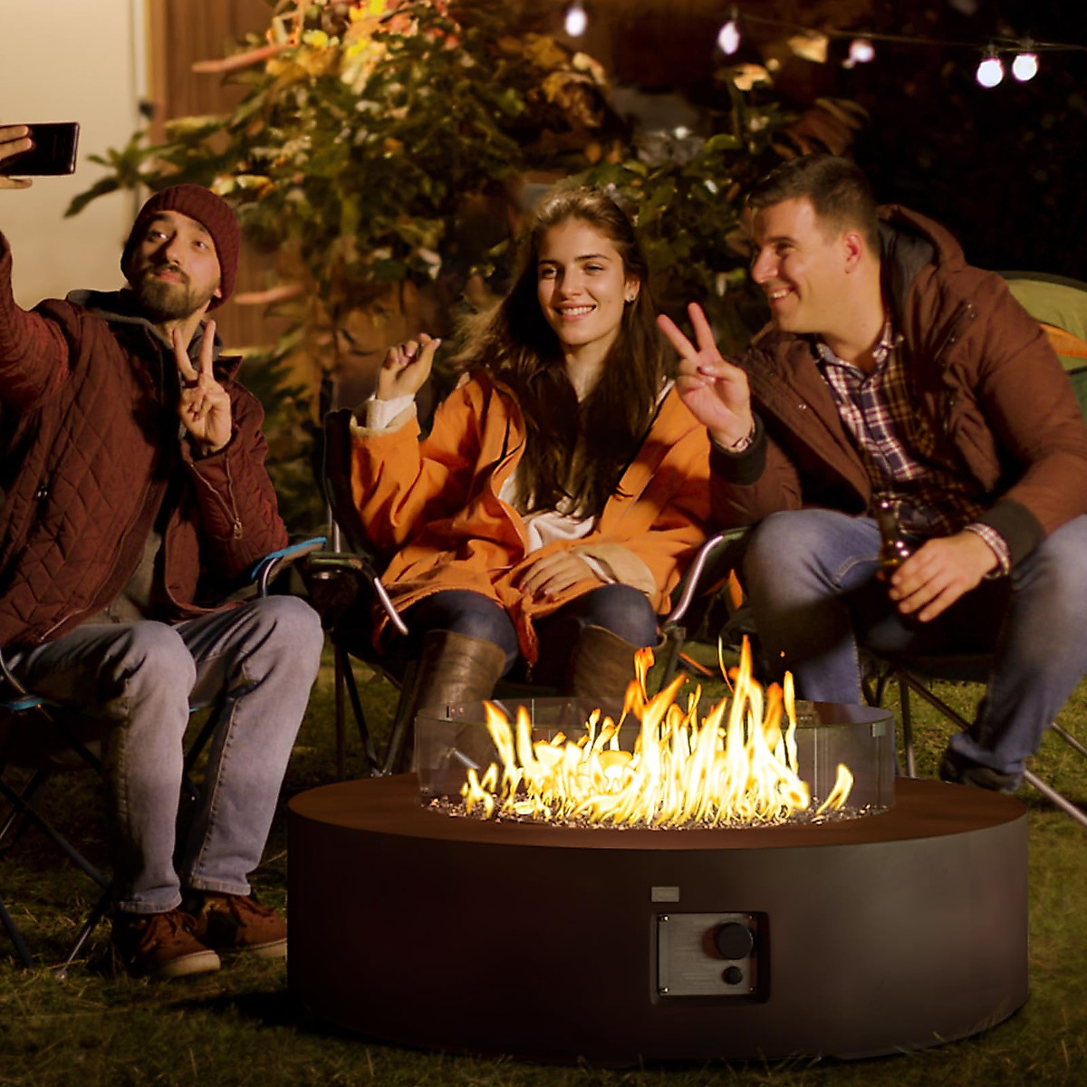 COSIEST Outdoor Propane Fire Pit Coffee Table w Dark Bronze 40.5-inch Round Base Patio Heater, 50,000 BTU Stainless Steel Burner, Wind Guard, Transparent Gray Fire Glass, Waterproof Cover